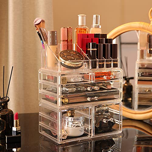 Cq acrylic Makeup Organizer Skin Care Large Clear Cosmetic Display Cases Stackable Storage Box With 6 Drawers For Vanity,Set of 3