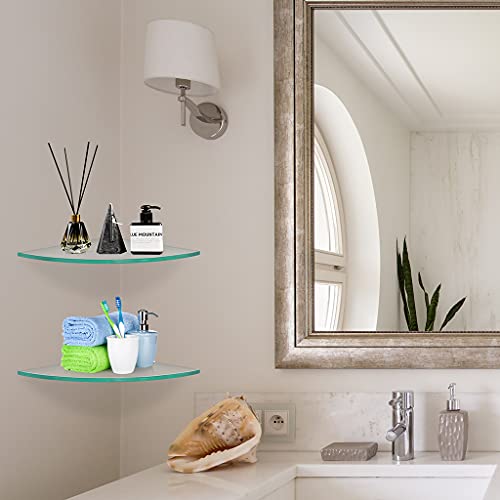 Sanbege 2 Pcs Tempered Glass Corner Shelf with 8 Brackets, 12" x 12" Floating Shower Caddy, Wall Mounted Shampoo Holder Organizer for Bathroom, Kitchen, Living Room