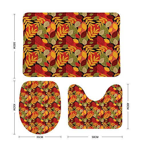 Bathroom Mat Rug Set Non Slip Including U-Shaped Contour Mat Toilet Seat Cover Autumn Leaves Red Extra Soft Coral Fleece Memory Foam 3 Piece