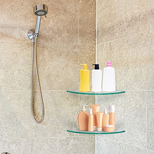 Sanbege 2 Pcs Tempered Glass Corner Shelf with 8 Brackets, 12" x 12" Floating Shower Caddy, Wall Mounted Shampoo Holder Organizer for Bathroom, Kitchen, Living Room
