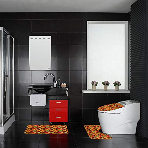 Bathroom Mat Rug Set Non Slip Including U-Shaped Contour Mat Toilet Seat Cover Autumn Leaves Red Extra Soft Coral Fleece Memory Foam 3 Piece