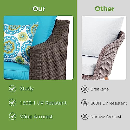 HEYNEMO Outdoor Patio Furniture Sets, 4 Pieces Outdoor Sectional Rattan Sofa Set, Brown PE Wicker Patio Conversation Sets with 8 PCS Lake Blue Washable Cushion and Tempered Glass Table