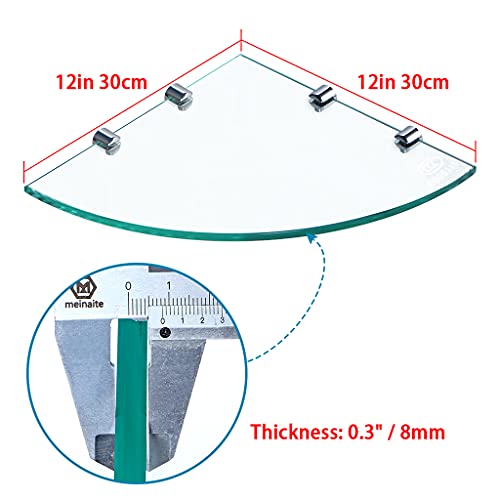 Sanbege 2 Pcs Tempered Glass Corner Shelf with 8 Brackets, 12" x 12" Floating Shower Caddy, Wall Mounted Shampoo Holder Organizer for Bathroom, Kitchen, Living Room
