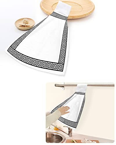 Ldtrchee Black Geometric Hand Towel with Hanging Loop, Modern Key Greek Design Abstract Art Hanging Tie Towels Set 2 Pcs, Kitchen Absorbent Towel for Bathroom Tea Bar Laundry
