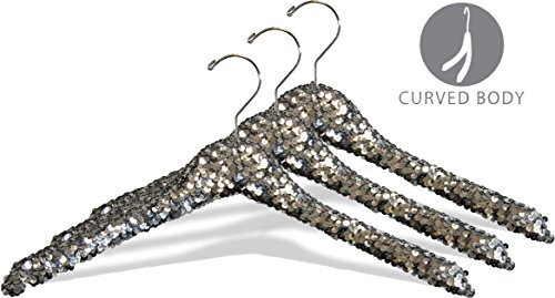 The Great American Hanger Company Silver Sequined Wooden Hanger, Curved 17 Inch Hanger with Hardwood Core and Polished Chrome Swivel Hook