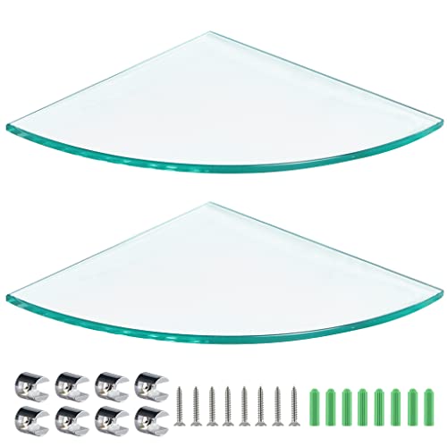Sanbege 2 Pcs Tempered Glass Corner Shelf with 8 Brackets, 12" x 12" Floating Shower Caddy, Wall Mounted Shampoo Holder Organizer for Bathroom, Kitchen, Living Room