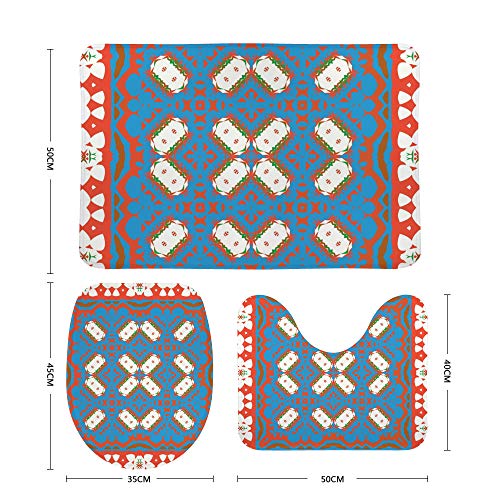 Bathroom Mat Rug Set Non Slip Including U-Shaped Contour Mat Toilet Seat Cover Talavera Design Red Floral Extra Soft Coral Fleece Memory Foam 3 Piece
