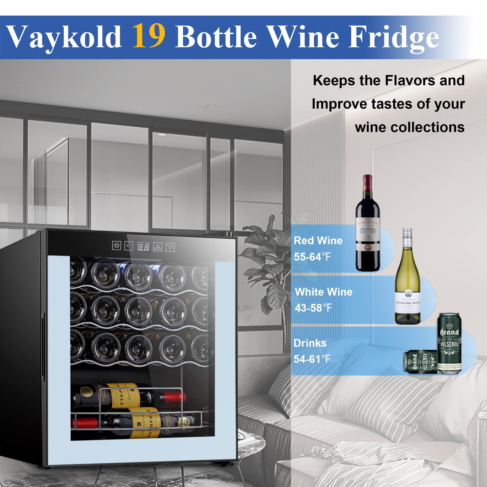 Vaykold Wine Refrigerator 19 Bottle Wine Cooler, Beverage Refrigerator Quiet Operation & LED Light Mini Fridge Glass Door, Wine Cellar for Beer, Red, White, Champagne or Sparkling Wine - Blue&gray