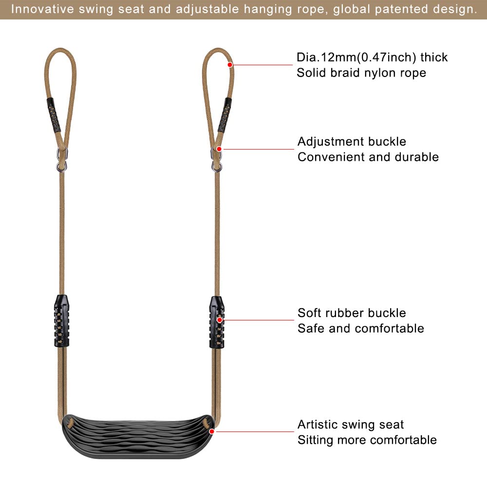 SELEWARE Plastic Swing Seat, Non Slip Tree Swing Set with Adjustable Rope and 2 Carabiners, Heavy Duty Playground Swing Set Accessories for Kid Indoor Outdoor Backyard, Black