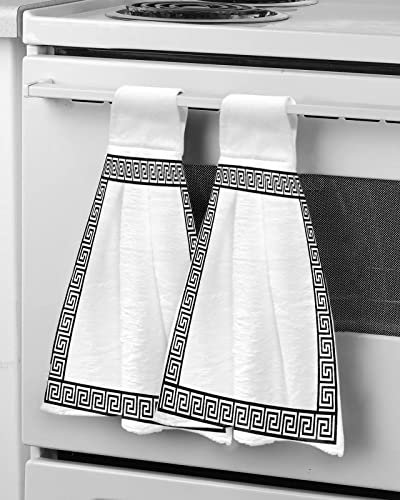 Ldtrchee Black Geometric Hand Towel with Hanging Loop, Modern Key Greek Design Abstract Art Hanging Tie Towels Set 2 Pcs, Kitchen Absorbent Towel for Bathroom Tea Bar Laundry