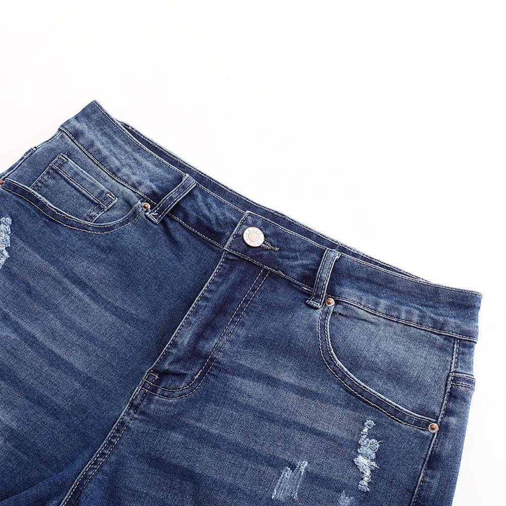 THUNDER STAR Women Mid Rise Ripped Stretchy Jeans Shorts Frayed Raw Hem Casual Denim Shorts Blue XXL