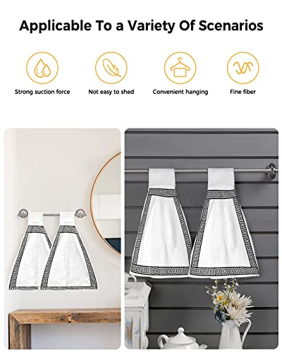 Ldtrchee Black Geometric Hand Towel with Hanging Loop, Modern Key Greek Design Abstract Art Hanging Tie Towels Set 2 Pcs, Kitchen Absorbent Towel for Bathroom Tea Bar Laundry