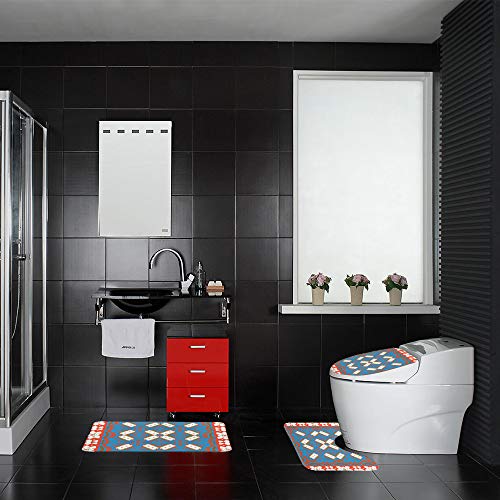 Bathroom Mat Rug Set Non Slip Including U-Shaped Contour Mat Toilet Seat Cover Talavera Design Red Floral Extra Soft Coral Fleece Memory Foam 3 Piece