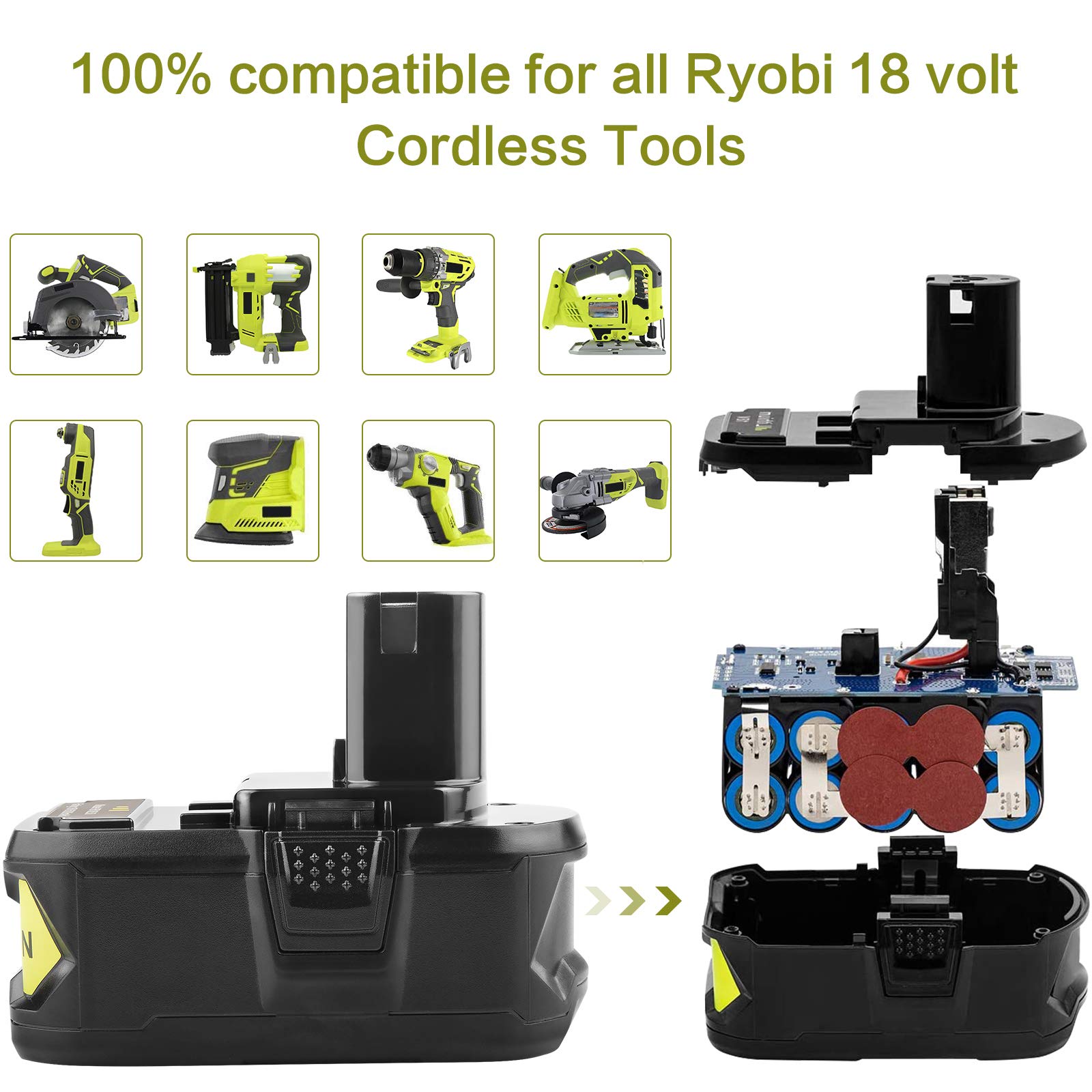 LabTEC RB18L50 18V 6000mAh Lithium Battery Compatible with Ryobi 18V BPL-1815 BPL-1820G BPL1820 BPL18151 P102 P103 P104 P105 P107 P109 P122 Cordless Power Tools with LED Indicator
