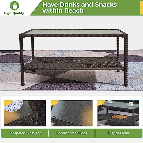 HEYNEMO Outdoor Patio Furniture Sets, 4 Pieces Outdoor Sectional Rattan Sofa Set, Brown PE Wicker Patio Conversation Sets with 8 PCS Lake Blue Washable Cushion and Tempered Glass Table