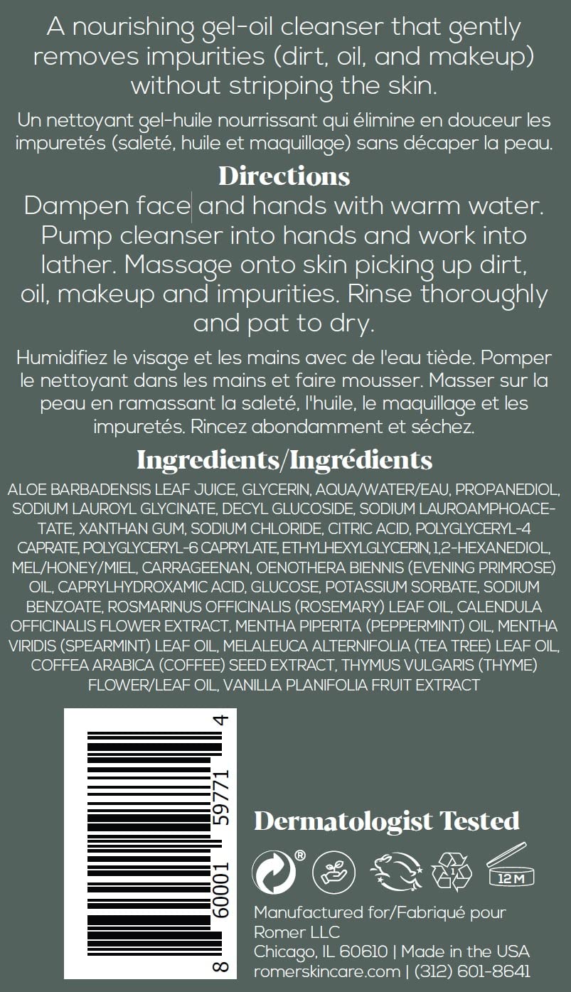 ROMER Skincare Cleanse Nourishing Gel-Oil Cleanser - Gentle Aloe-based Face Wash, Hydrating, Makeup Removing (190ml/6.4oz)