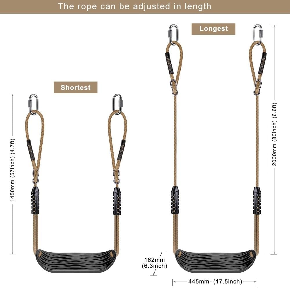 SELEWARE Plastic Swing Seat, Non Slip Tree Swing Set with Adjustable Rope and 2 Carabiners, Heavy Duty Playground Swing Set Accessories for Kid Indoor Outdoor Backyard, Black