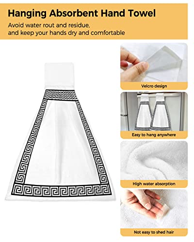 Ldtrchee Black Geometric Hand Towel with Hanging Loop, Modern Key Greek Design Abstract Art Hanging Tie Towels Set 2 Pcs, Kitchen Absorbent Towel for Bathroom Tea Bar Laundry