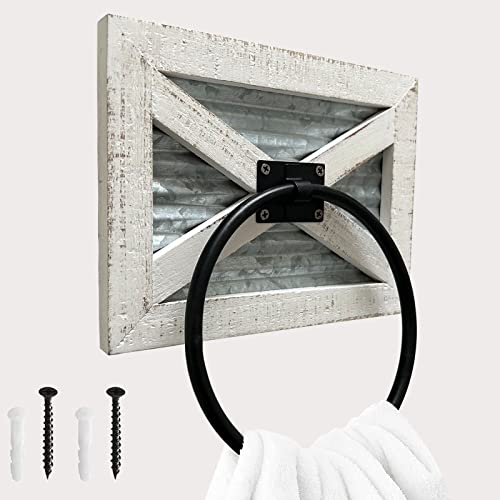 Farmhouse Bathroom Rustic Towel Ring with Galvanized Metal& Black Metal - Rustic Weathered White Wood Wall Mount Hand Towel Holder for Country Bathroom Decor