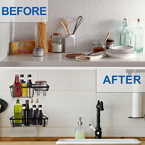 R FLORY Shower Caddy Shower Organizer Shelf with Hooks No Drilling Self Adhesive Hanging Rustproof Storage Holder Stall Basket for Bathroom Kitchen Shelf Rack Stainless Steel Black-2 Pack