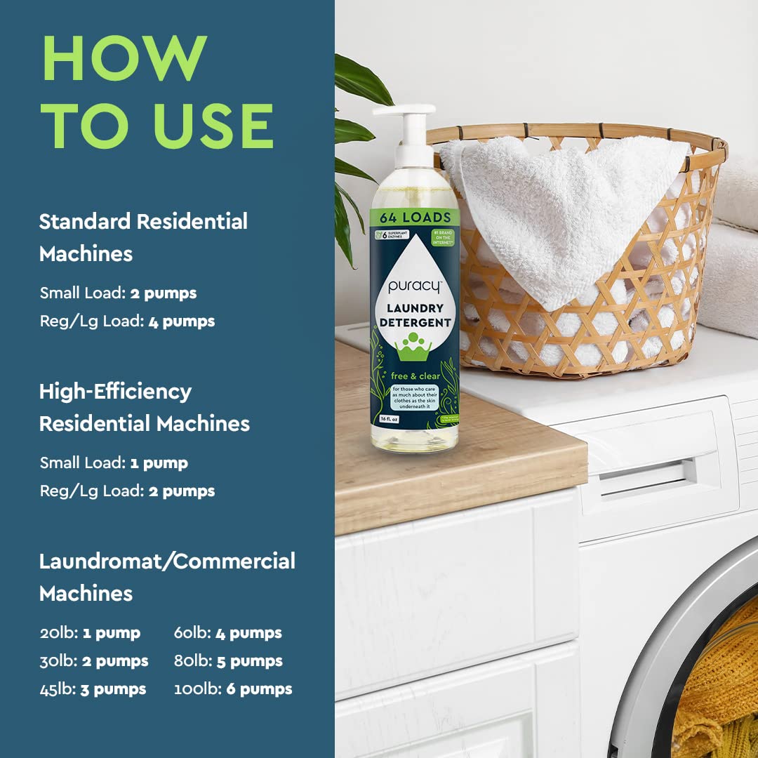 Puracy Laundry Detergent - Enzyme-Powered Liquid Laundry Detergent Concentrate, Natural Laundry Detergent Seen on TikTok, Non-Toxic (Free & Clear, 16 fl oz, 64 Loads)