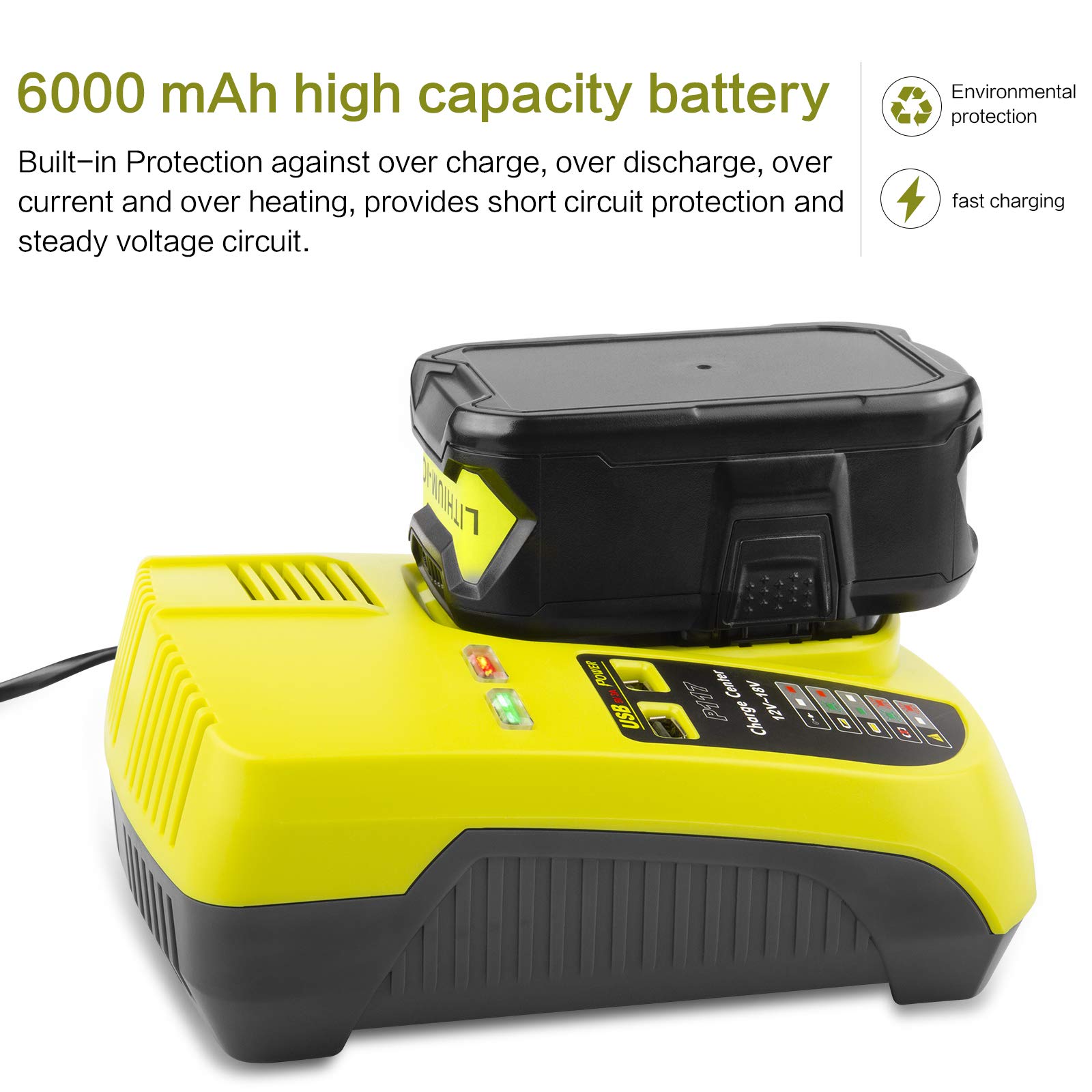 LabTEC RB18L50 18V 6000mAh Lithium Battery Compatible with Ryobi 18V BPL-1815 BPL-1820G BPL1820 BPL18151 P102 P103 P104 P105 P107 P109 P122 Cordless Power Tools with LED Indicator