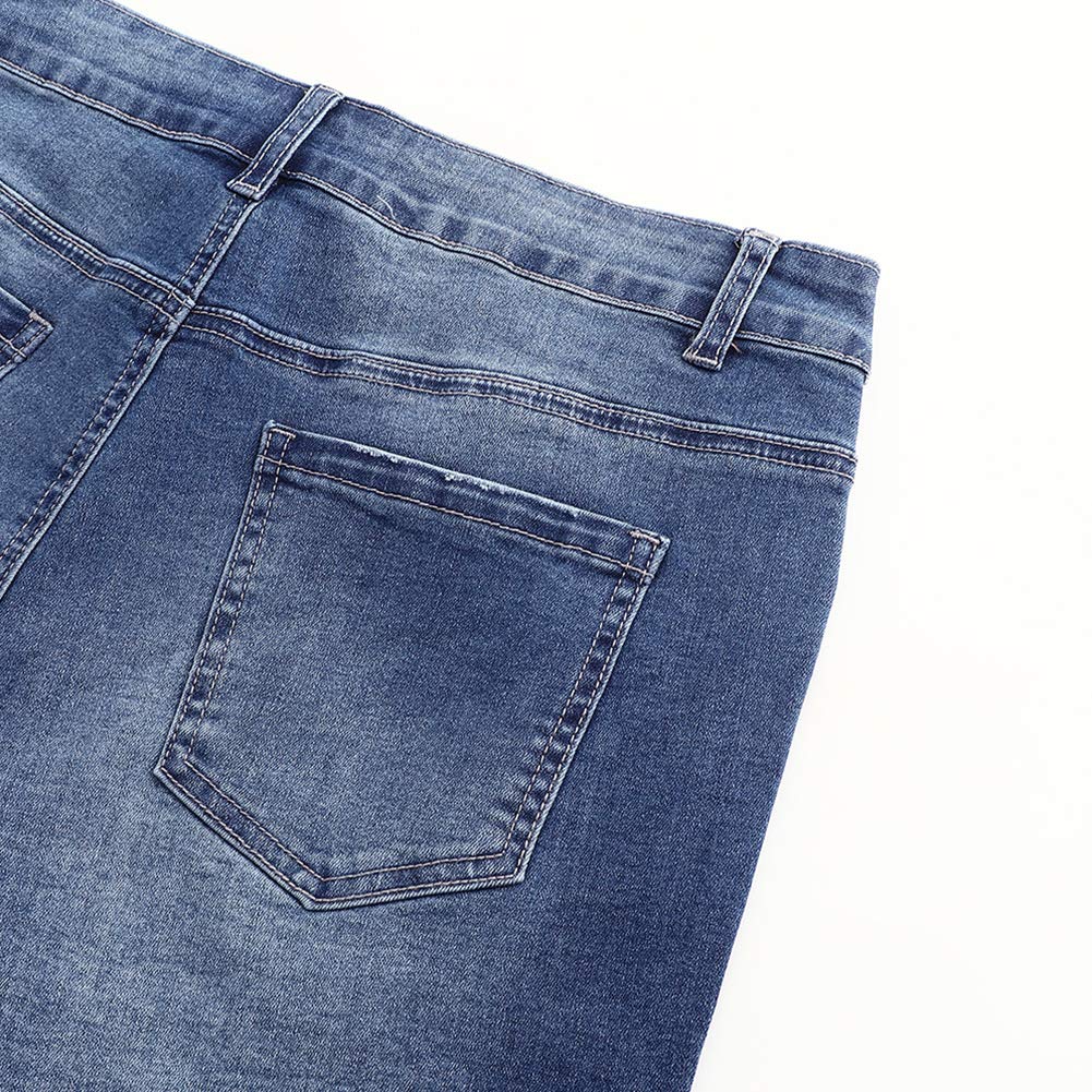 THUNDER STAR Women Mid Rise Ripped Stretchy Jeans Shorts Frayed Raw Hem Casual Denim Shorts Blue XXL
