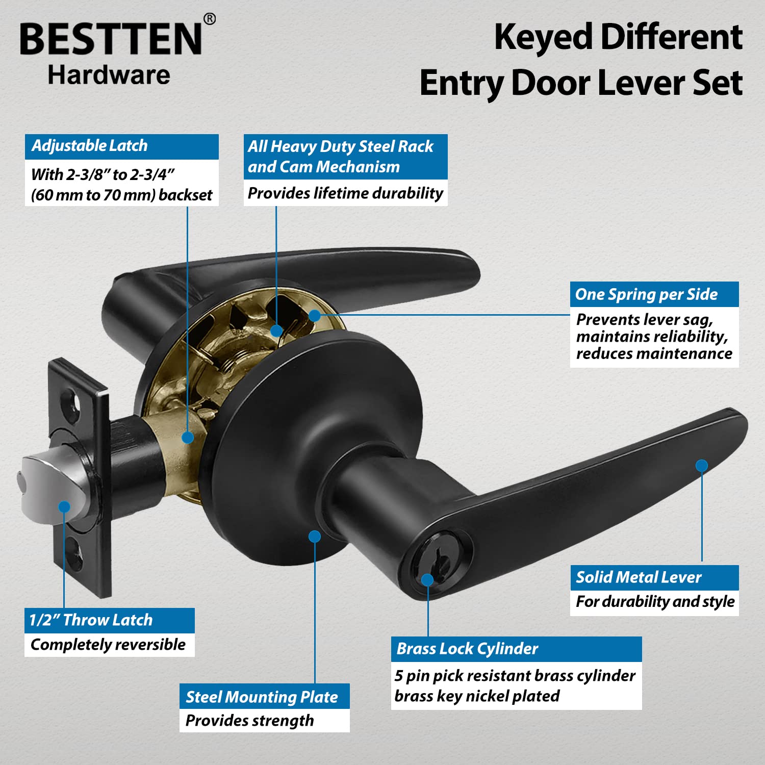 BESTTEN Roma Series Keyed Entry Door Lever with Removable Latch Plate,All Metal Door Handle with Lock and Key, Matte Black