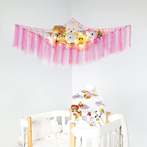 Over The Door Organizer with 4 Pockets and Stuffed Animal Hammock Hanging Organizers Toy Storage Boho Nursery Decor for Kid Playroom Bedroom