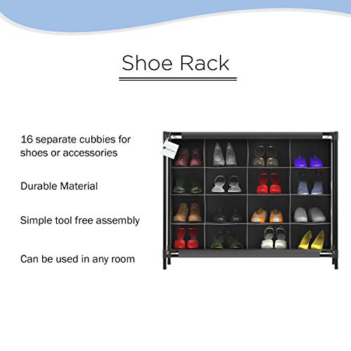 Lavish Home Shoe Organizer - 16 Shoe Cubby Storage Rack for Tennis Shoes, Sneakers, and Heels - Space Saving for Bedroom, Entryway, Closet (Black)