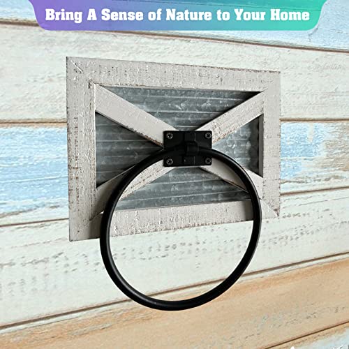 Farmhouse Bathroom Rustic Towel Ring with Galvanized Metal& Black Metal - Rustic Weathered White Wood Wall Mount Hand Towel Holder for Country Bathroom Decor