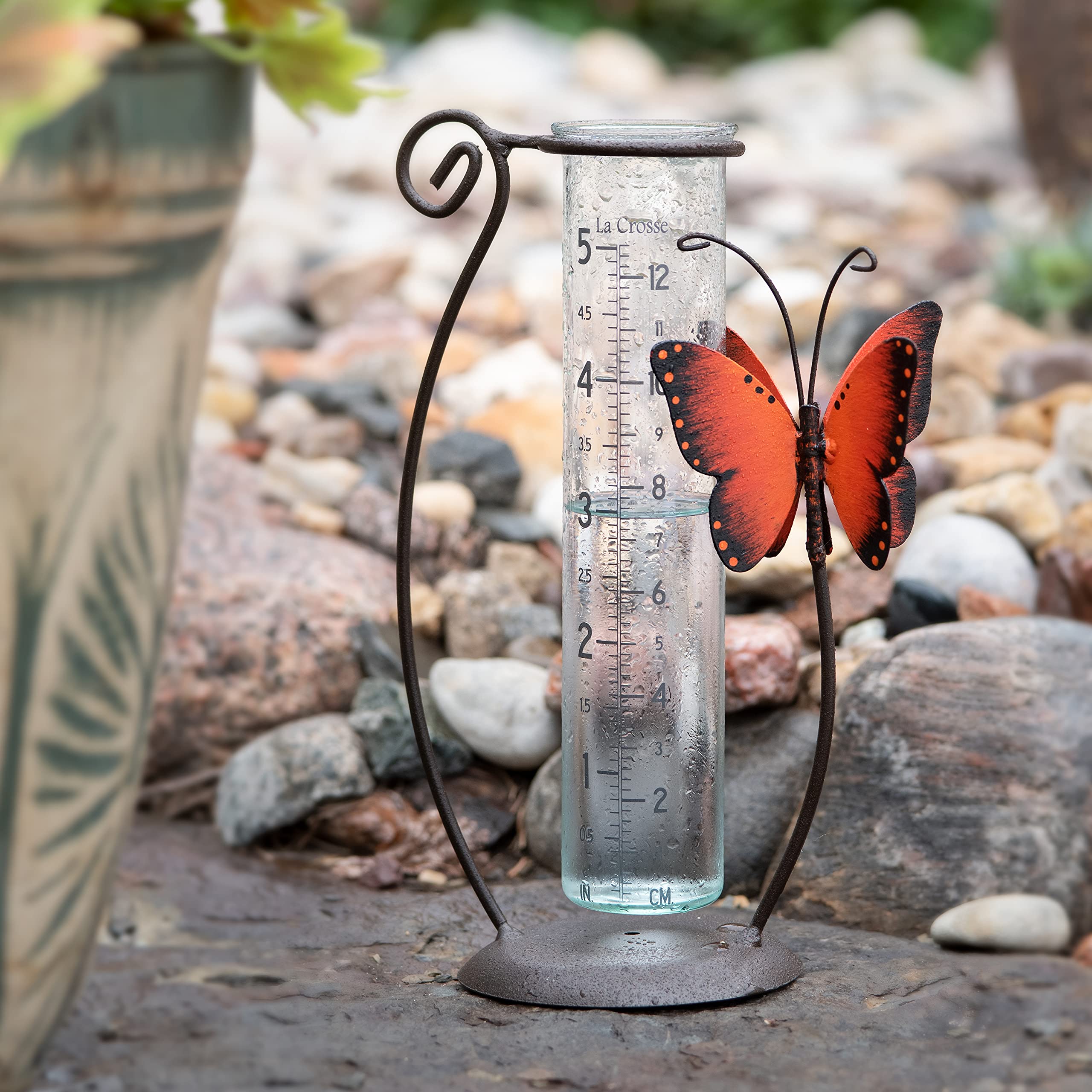 La Crosse 704-13077-INT 5 inch Capacity Glass Orange Butterfly Rain Gauge, Bronze