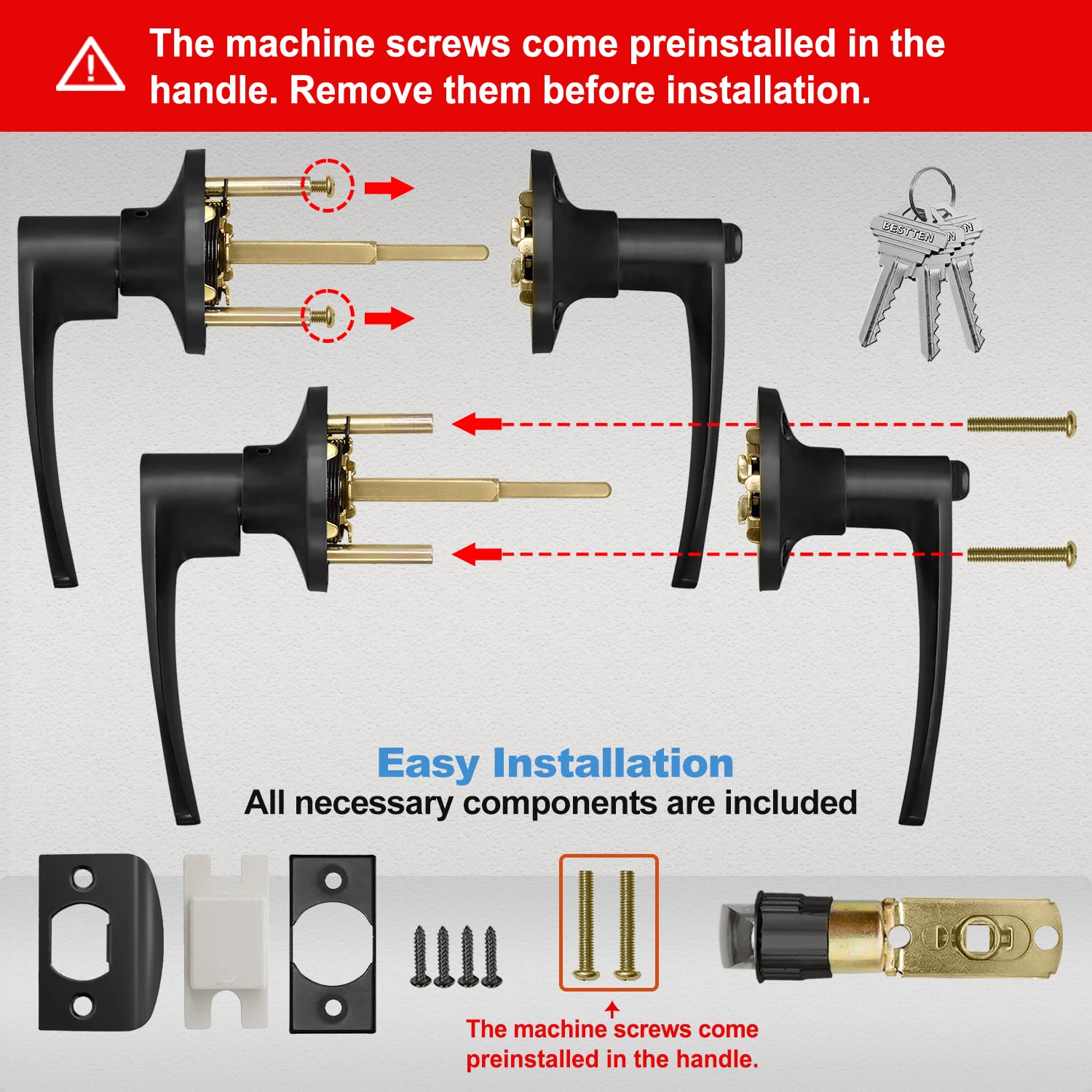 BESTTEN Roma Series Keyed Entry Door Lever with Removable Latch Plate,All Metal Door Handle with Lock and Key, Matte Black