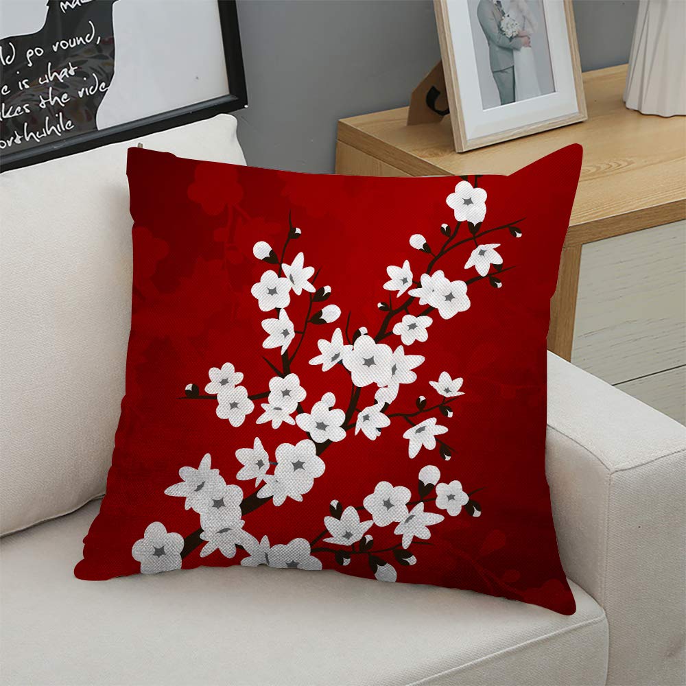 Ofocam Floral Throw Pillow Cover Red Black and White Cherry Blossoms Square Decorative Throw Pillow Cushion Case for Home Couch Living Room Bed Sofa Car 18 x 18 Inches Pillowcase