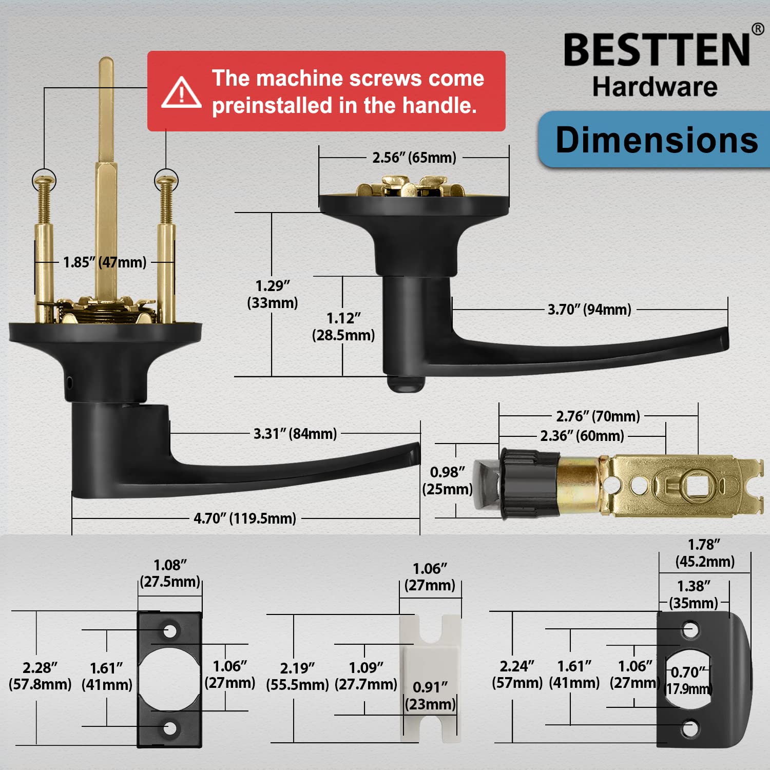 BESTTEN Roma Series Keyed Entry Door Lever with Removable Latch Plate,All Metal Door Handle with Lock and Key, Matte Black
