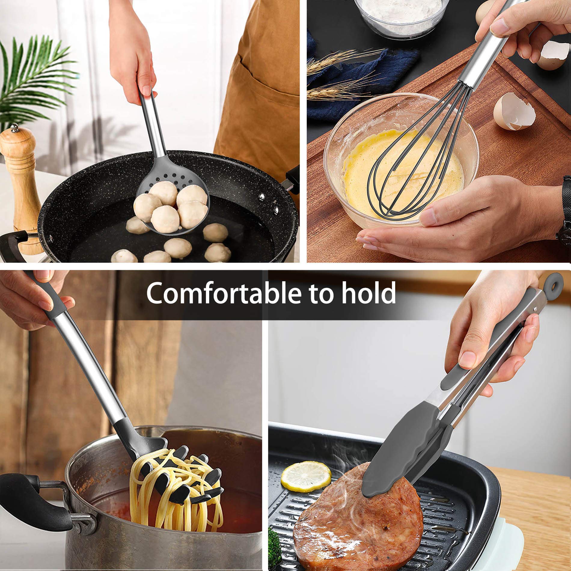 LIANYU 15-Piece Cooking Kitchen Utensils Set with Holder, Silicone Kitchen Tools Stainless Steel Handle, Slotted Spatula Spoon Turner Tong Whisk Brush for Cooking, Gray