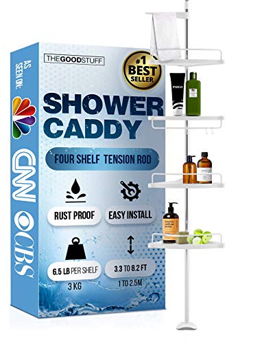 Corner Shower Caddy Tension Pole: [Five Shower Shelf Storage Rack] Keep your Shower Storage Organized & Tidy with a Free Standing Bathroom Shower Organizer - Shower Caddy Corner for Inside Shower Rack