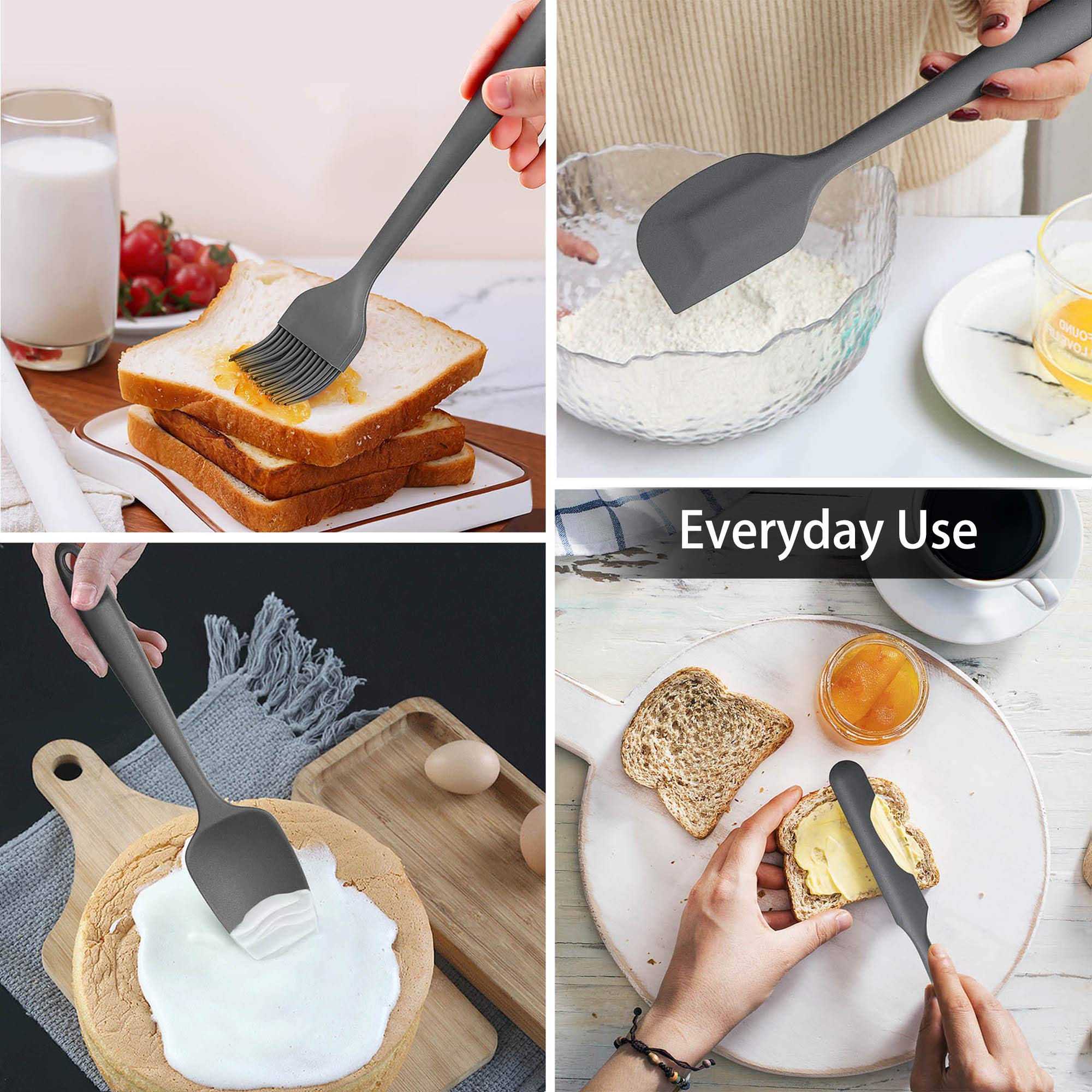LIANYU 15-Piece Cooking Kitchen Utensils Set with Holder, Silicone Kitchen Tools Stainless Steel Handle, Slotted Spatula Spoon Turner Tong Whisk Brush for Cooking, Gray
