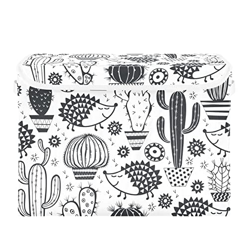 Krafig Animal Hedgehog Black White Foldable Storage Box Large Cube Organizer Bins Containers Baskets with Lids Handles for Closet Organization, Shelves, Clothes, Toys
