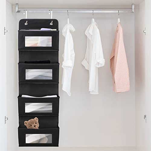 FYY Over the Door Organizer, 4-Shelf Wall Mount Hanging Pantry Storage Pocket with Clear Window for Bedroom Bathroom Kitchen Nursery Closet Dorm Storage Cosmetics, Stationery, Sundries, Toys Black