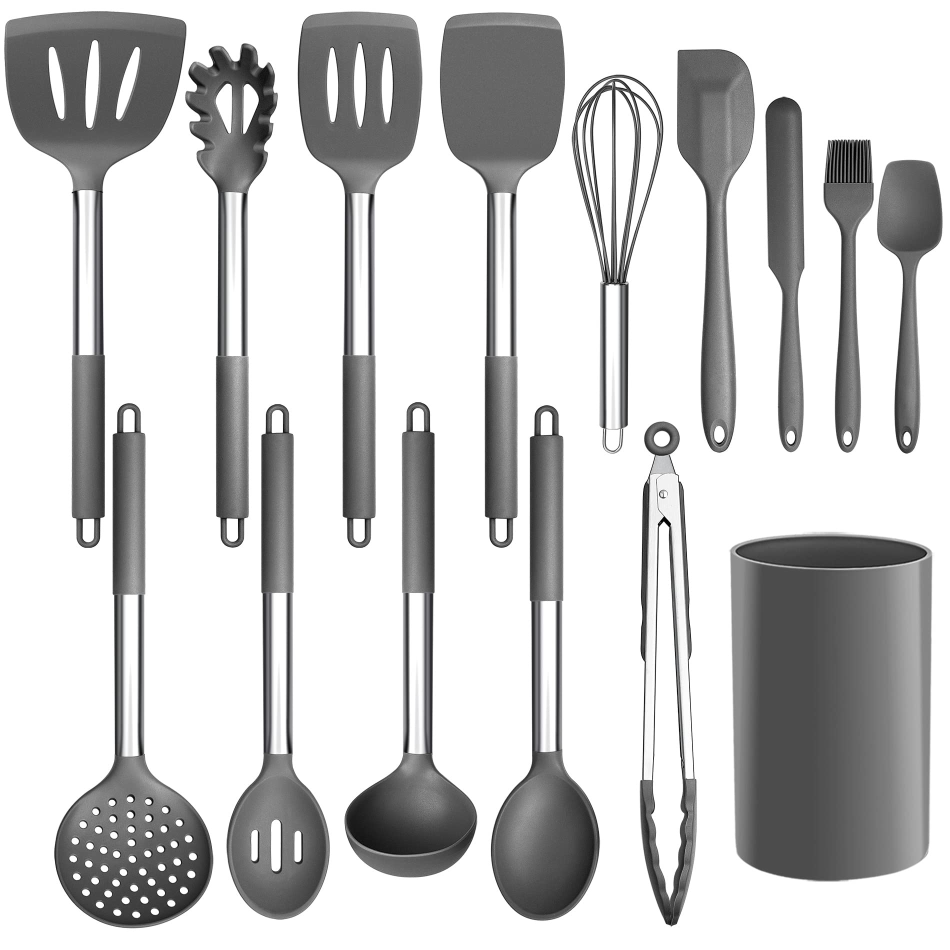 LIANYU 15-Piece Cooking Kitchen Utensils Set with Holder, Silicone Kitchen Tools Stainless Steel Handle, Slotted Spatula Spoon Turner Tong Whisk Brush for Cooking, Gray