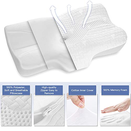 Elviros Cervical Pillow, Memory Foam Bed Pillows for Neck Pain Relief, Adjustable Ergonomic Orthopedic Contour Support Pillow for Sleeping, Back, Stomach, Side Sleeper (White)