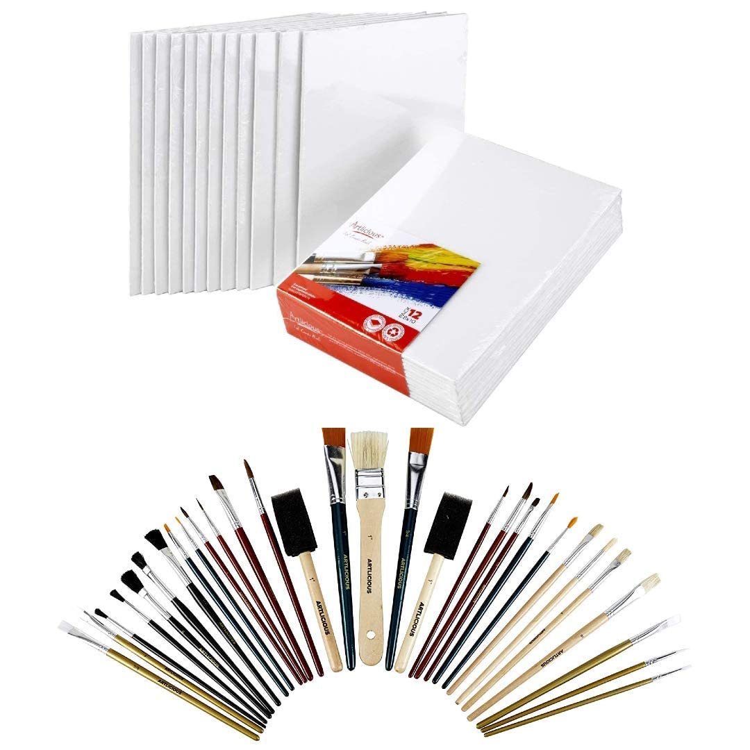 Artlicious 12 Canvas Panel Boards (8 inch x 10 inch) for Painting with 30 Paint Brushes