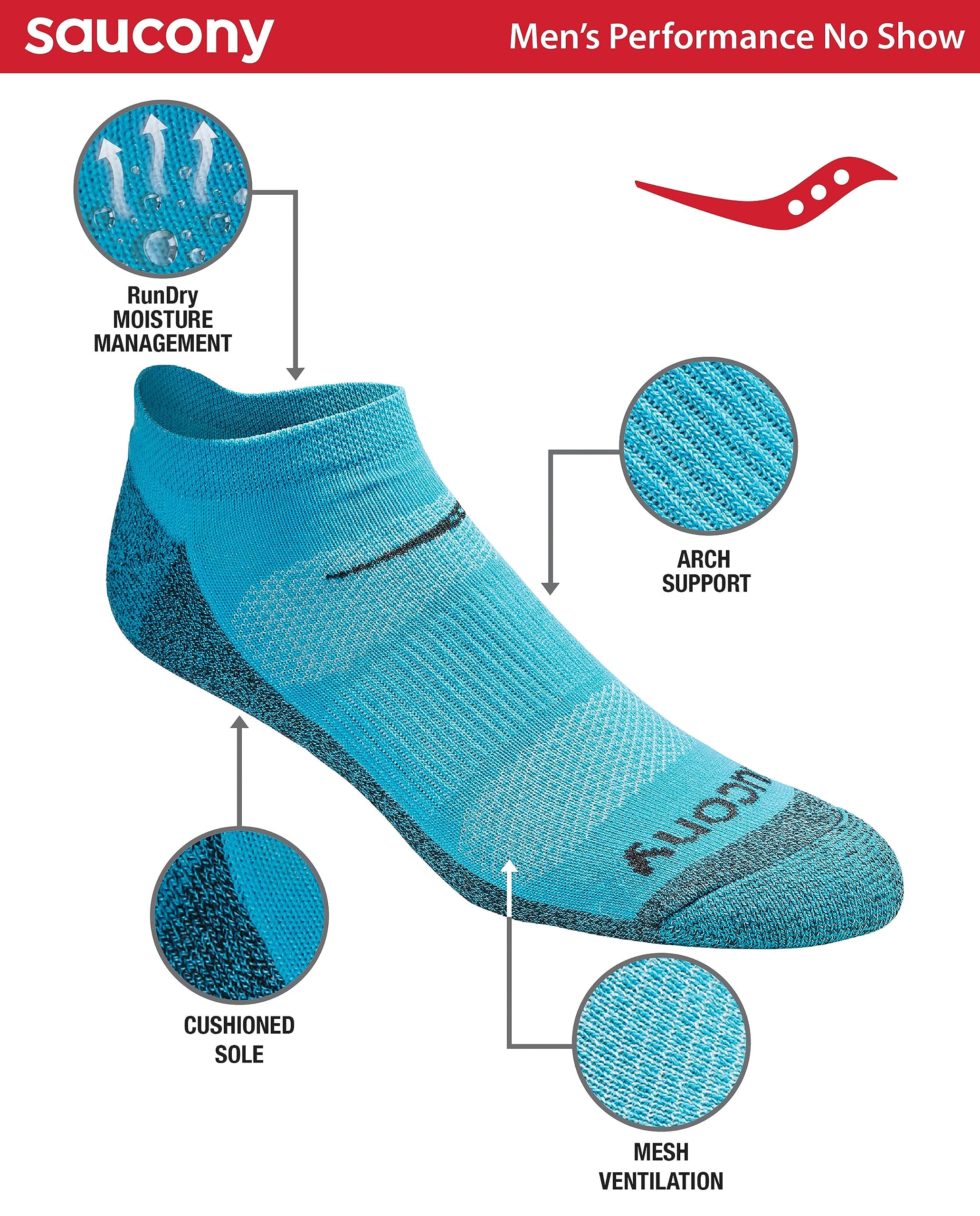 Saucony Men's RunDry Mesh Ventilating Comfort Fit Performance No-Show Socks, Available in M-XXL (6, 12, 18, Yellow Blue Charcoal Assorted (6 Pairs), Large