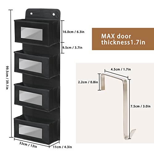 FYY Over the Door Organizer, 4-Shelf Wall Mount Hanging Pantry Storage Pocket with Clear Window for Bedroom Bathroom Kitchen Nursery Closet Dorm Storage Cosmetics, Stationery, Sundries, Toys Black