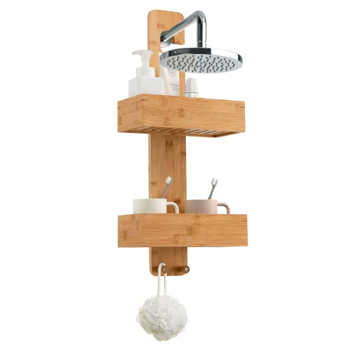 LOKO Bamboo Hanging Shower Caddy, Natural & Waterproof Bamboo Shower Rack w/ 2 Storage Baskets & 2 Hanging Hooks, 2-Tier Bathroom Shower Organizer Holder for Shampoo, Conditioner, Soap