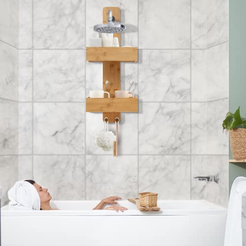 LOKO Bamboo Hanging Shower Caddy, Natural & Waterproof Bamboo Shower Rack w/ 2 Storage Baskets & 2 Hanging Hooks, 2-Tier Bathroom Shower Organizer Holder for Shampoo, Conditioner, Soap