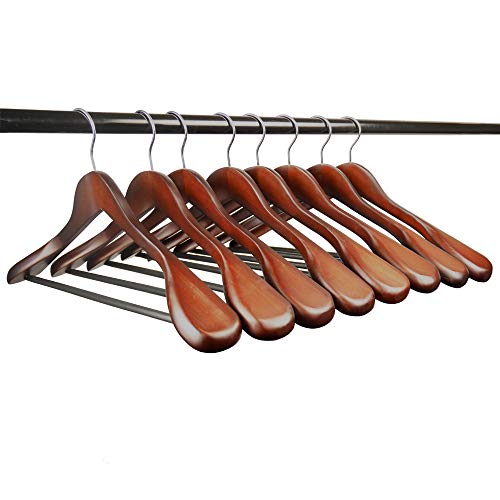 Coat Hanger 8-Pack, MEQUTION Wood Hangers Trouser Hangers Extra Wide Shoulder Wooden Hangers for Heavy Coat, Sweater, Skirt, Suit, Pants, Retro Finish (Walnut Finish)