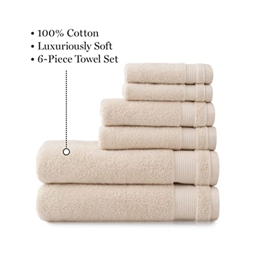 MARTHA STEWART 100% Cotton Bath Towels Set - 6 Piece Set | 2 Bath Towels - 2 Hand Towels - 2 Washcloths | Quick Dry Towels | Plush Towels | Absorbent | Ideal For Everyday Use | Beige Towels