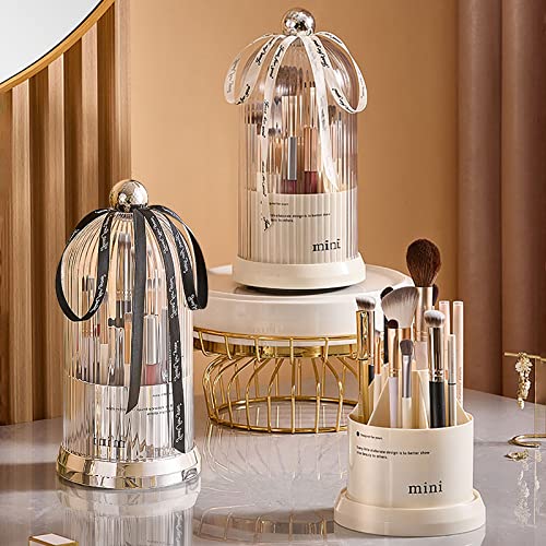 DASITON 360° Rotating Makeup Brush Holder,Covered Dustproof Makeup Brushes Organizer,7 Slot Makeup Brushes Cup,for Vanity Decor,Bathroom Countertops,Cosmetic Display cases(Cream)
